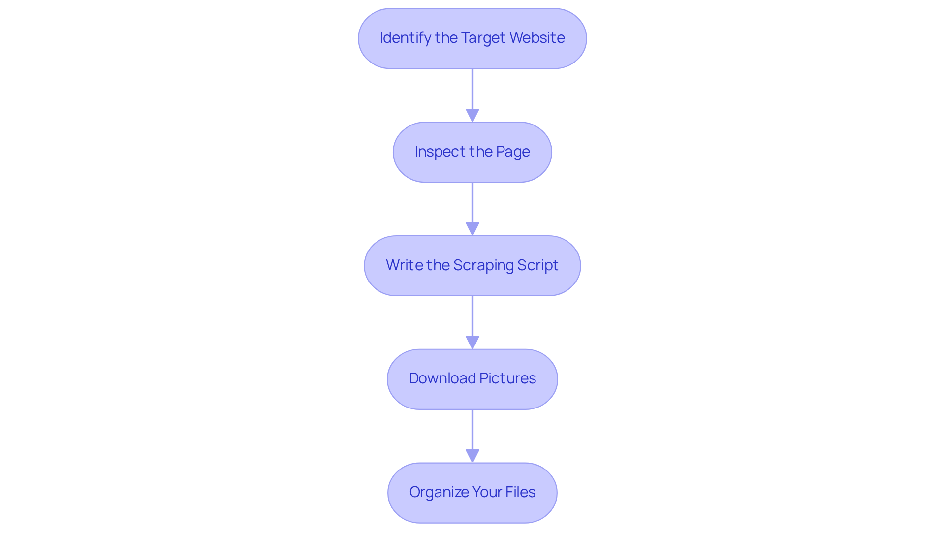 Each box represents a step in the image scraping journey. Follow the arrows to see how to move from one step to the next, starting from choosing a website to organizing your downloaded images.