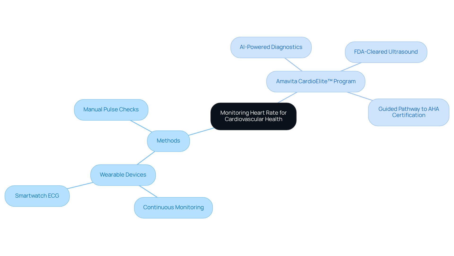The center represents the importance of monitoring heart rate, with branches showing different methods and the advanced program available. Each method and program component is connected to the central theme, illustrating how they contribute to maintaining heart health.