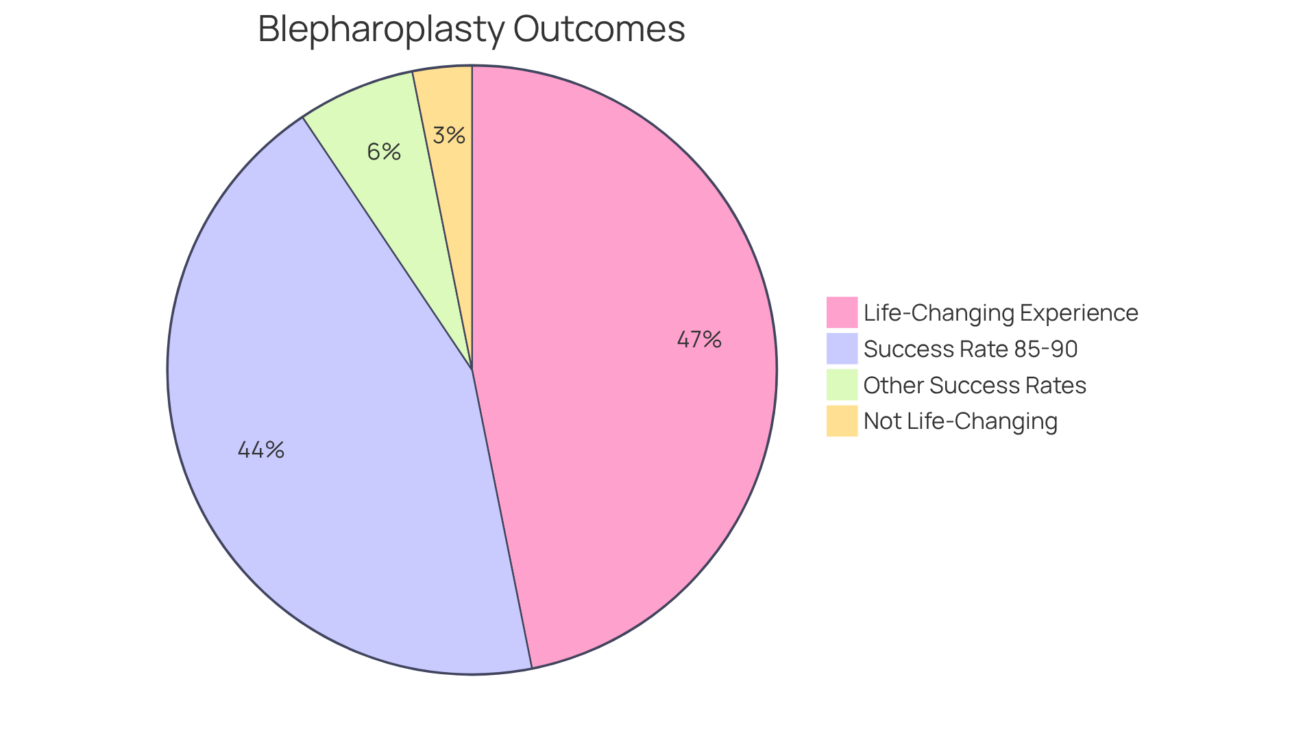 The first pie chart shows how many patients feel their eyelid surgery was life-changing - the larger slice means more people are happy with their results. The second pie chart illustrates the success rates of the procedure, indicating that a significant majority experience positive outcomes. The first pie chart shows how many patients feel their eyelid surgery was life-changing - the larger slice means more people are happy with their results. The second pie chart illustrates the success rates of the procedure, indicating that a significant majority experience positive outcomes.