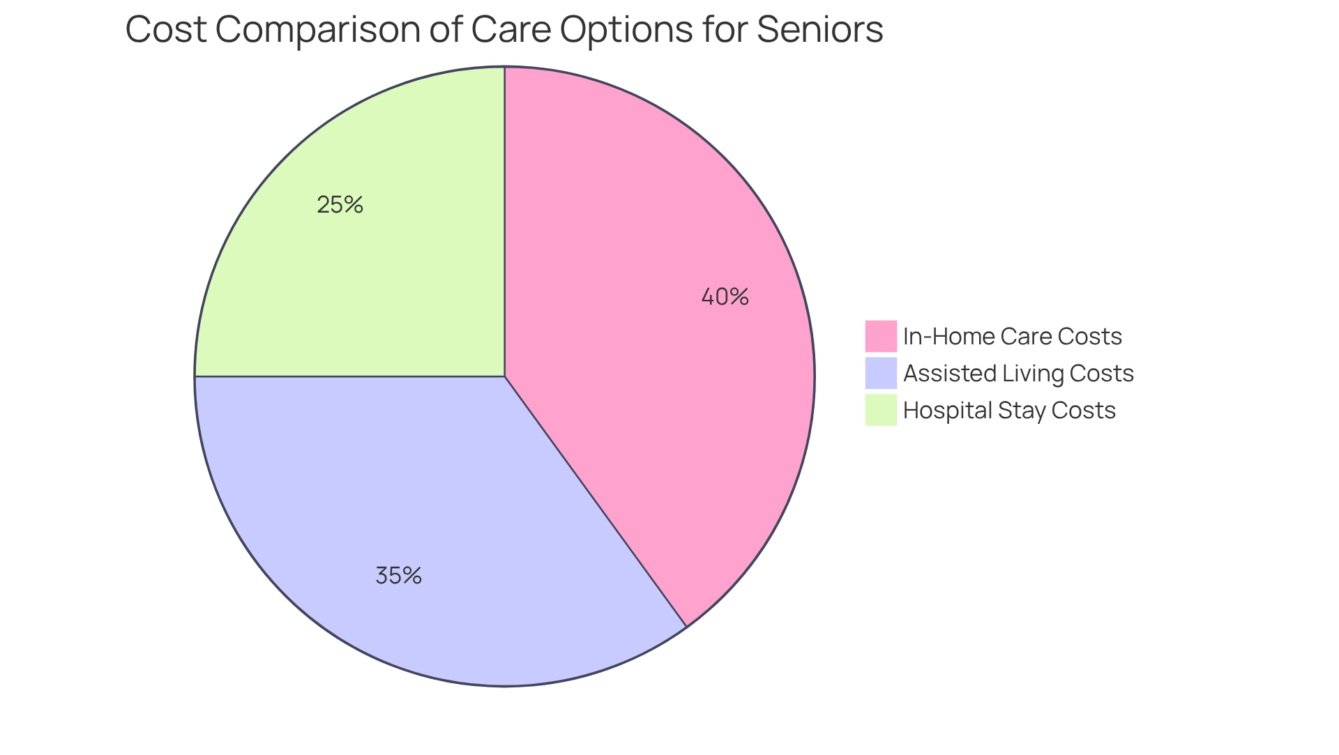 Each slice of the pie represents the costs associated with different care methods. The larger the slice, the higher the cost for that option. This helps you see how 24-hour in-home care can be a more financially savvy choice. Each slice of the pie represents the costs associated with different care methods. The larger the slice, the higher the cost for that option. This helps you see how 24-hour in-home care can be a more financially savvy choice.