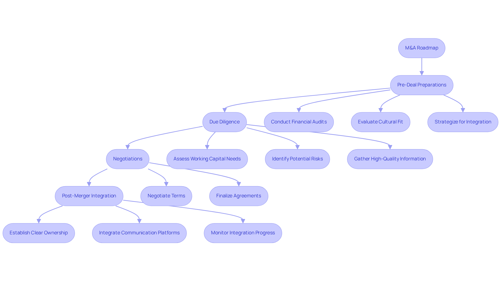This flowchart illustrates the steps involved in the M&A process. Each box represents a phase, and the arrows show how they connect. Follow the flow to understand how technology leaders navigate through each stage, from preparation to integration.