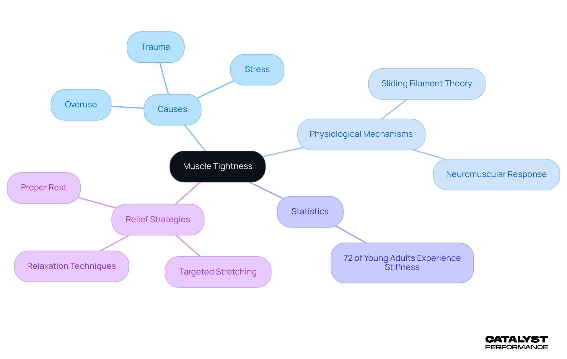 This mindmap starts with the main topic of muscle tightness at the center. Each branch represents a different aspect of the issue, helping you see how causes, mechanisms, statistics, and solutions are all connected.