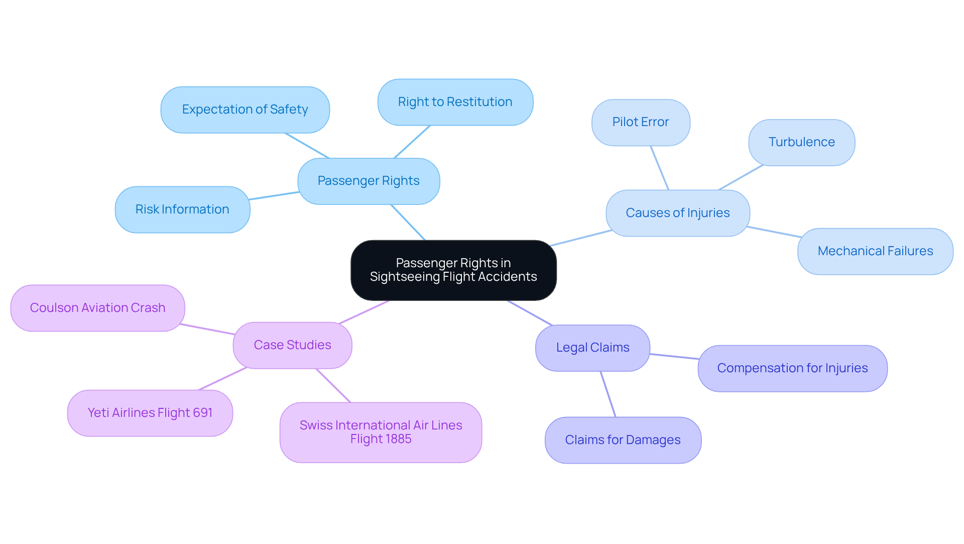 This mindmap illustrates the rights passengers have when taking sightseeing flights. Start at the center with the main topic, then explore the branches to see specific rights, causes of injuries, and relevant case studies that highlight the importance of understanding these rights.