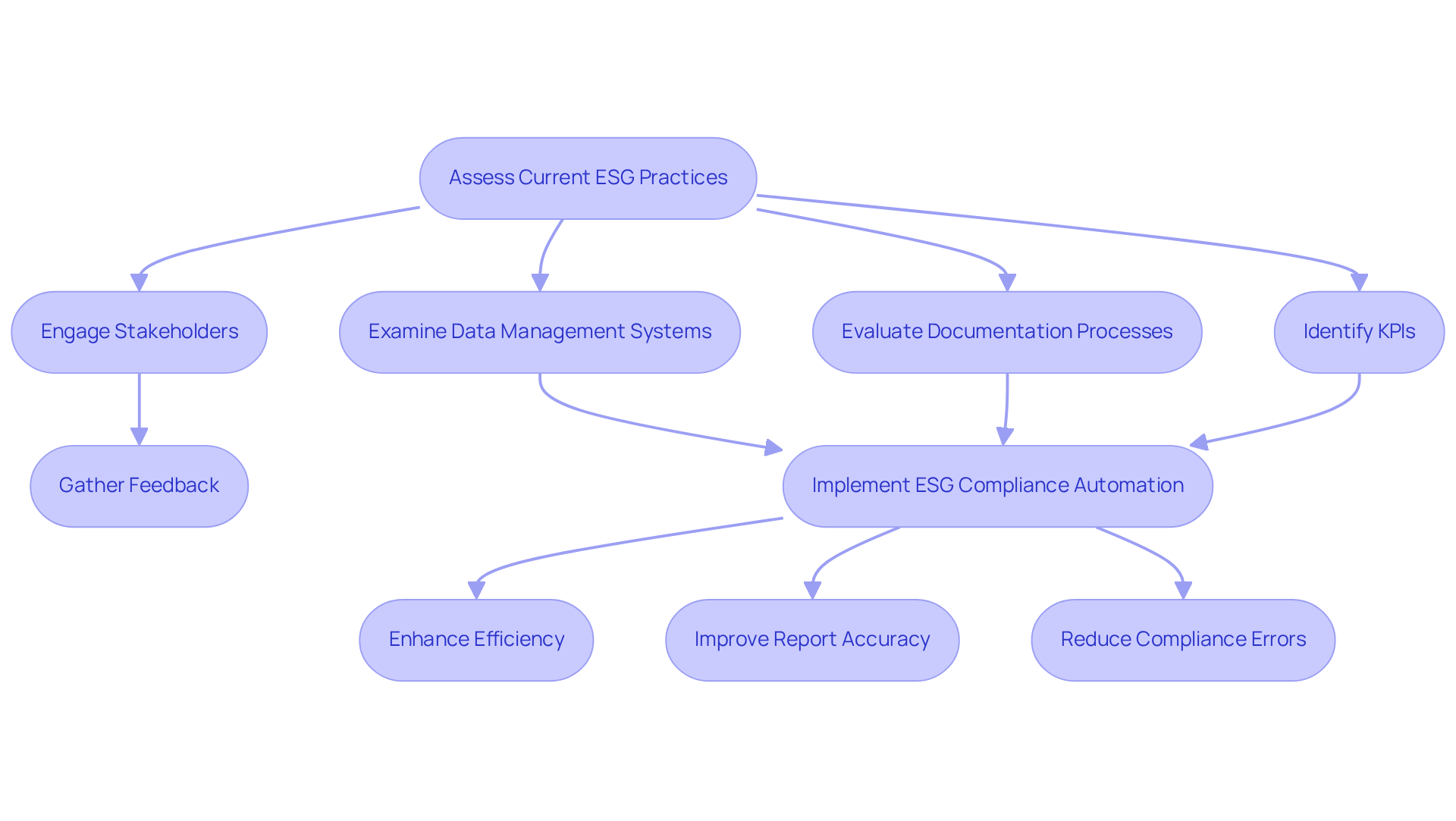Follow the arrows to see how each step leads to the next in the assessment process. Each box represents a key action in evaluating and improving ESG compliance.