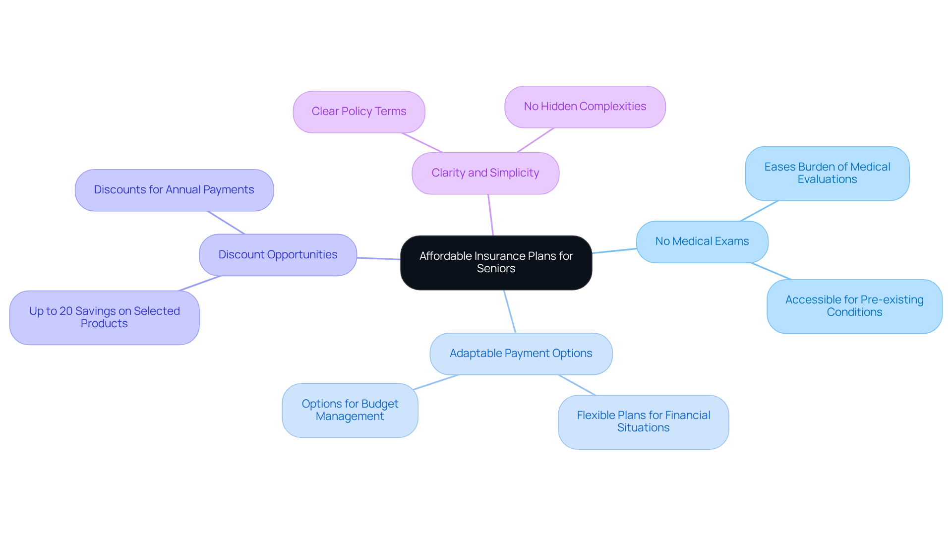 The central node represents the main theme of affordable insurance for seniors, while the branches show different features and benefits. Each branch highlights how these aspects contribute to making insurance accessible and manageable for older adults. The central node represents the main theme of affordable insurance for seniors, while the branches show different features and benefits. Each branch highlights how these aspects contribute to making insurance accessible and manageable for older adults.