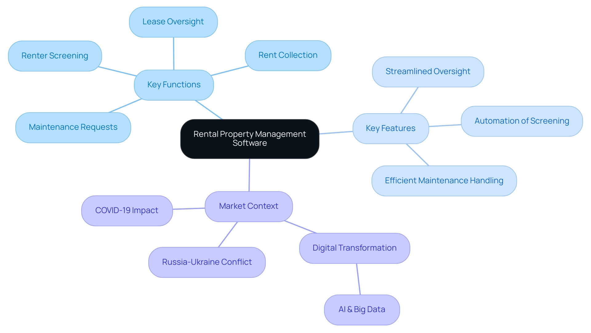 The central node represents the software concept, with branches indicating key functions, features, and market context.