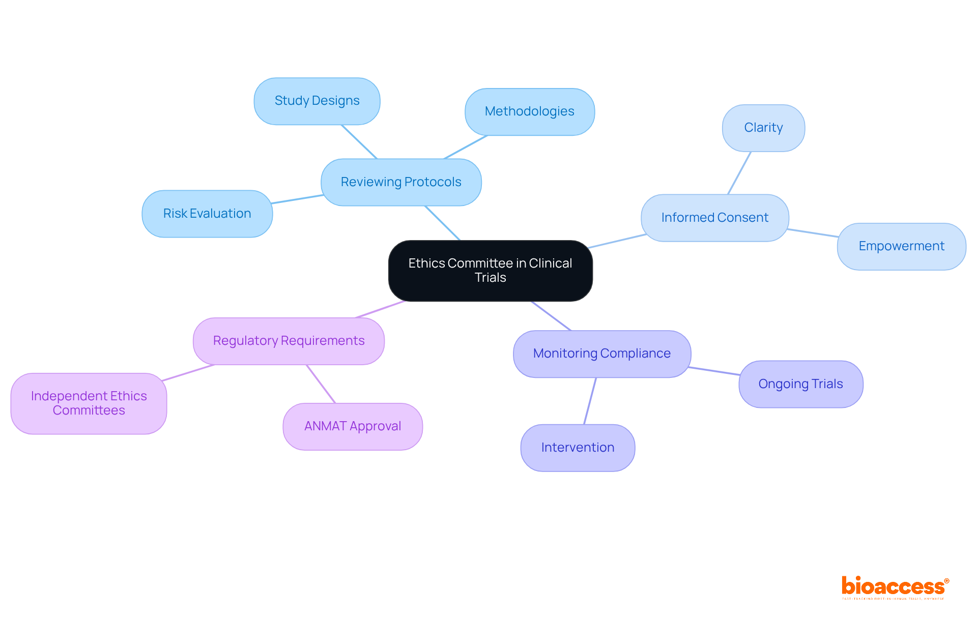 The central node represents the ethics committee, and each branch shows a key responsibility. Follow the branches to explore how each role contributes to the integrity of clinical trials.
