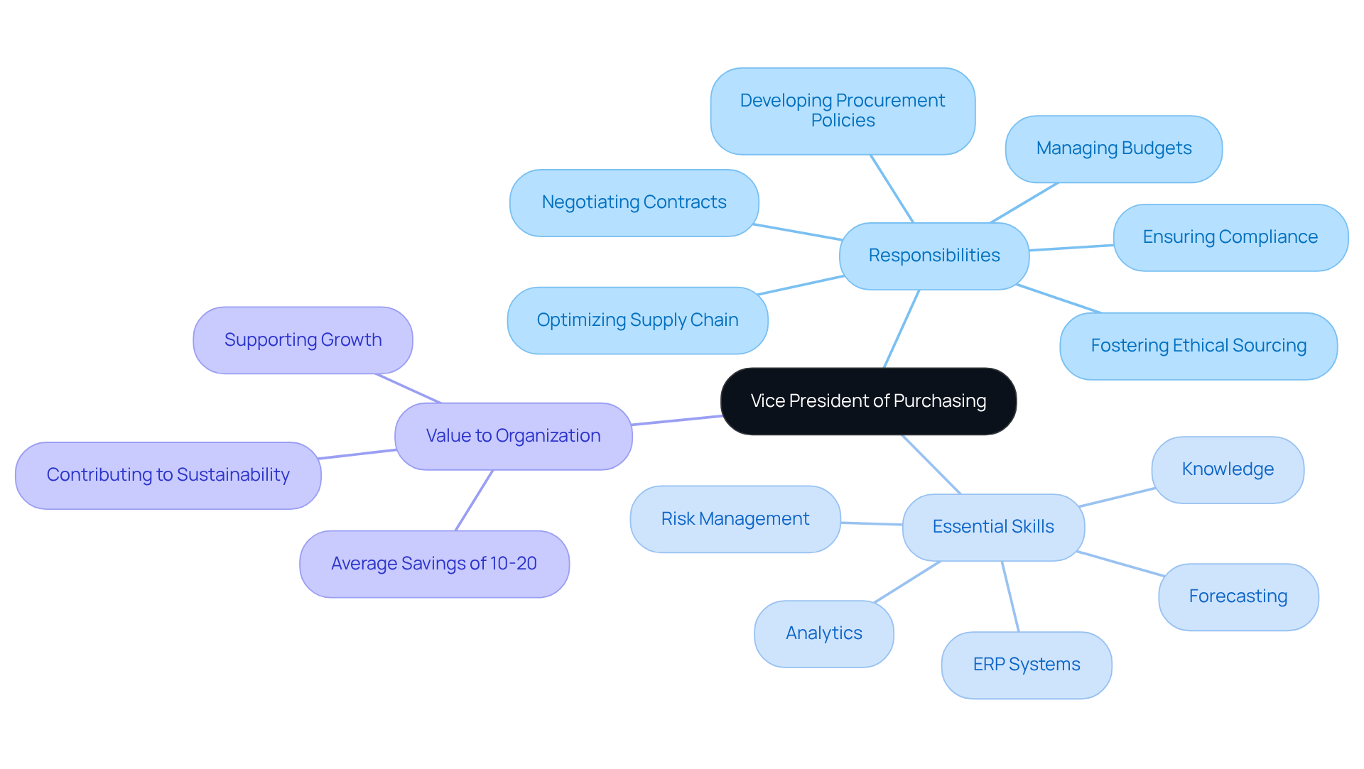 The central node represents the VP's role, and the branches show their responsibilities, necessary skills, and the strategic importance they bring to the company. Each color-coded area helps to separate the different aspects for easier understanding. The central node represents the VP's role, and the branches show their responsibilities, necessary skills, and the strategic importance they bring to the company. Each color-coded area helps to separate the different aspects for easier understanding.