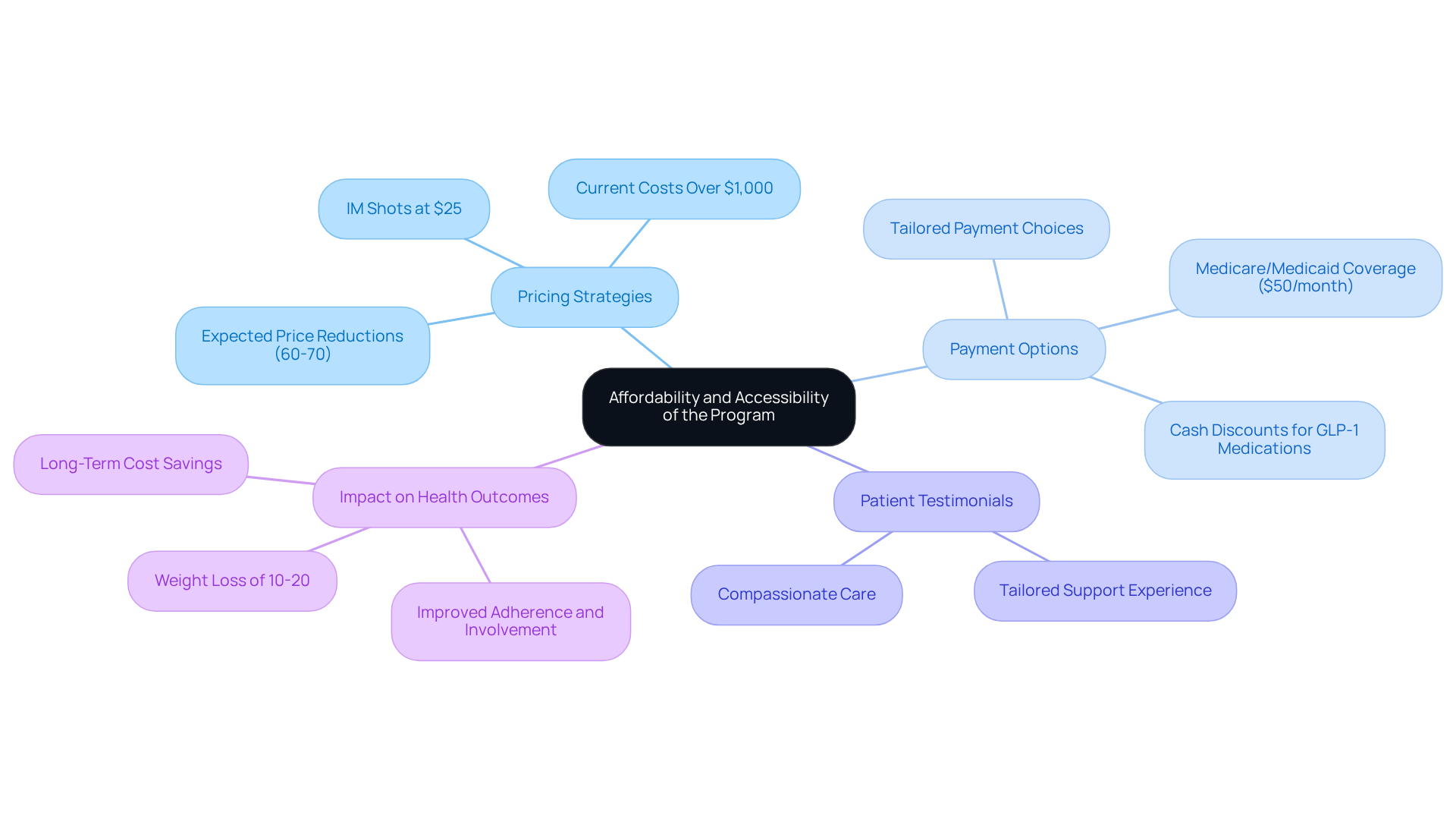 Start at the center with the main theme of affordability and accessibility, then explore each branch to see how pricing, payment options, and patient stories contribute to making the program accessible for everyone. Start at the center with the main theme of affordability and accessibility, then explore each branch to see how pricing, payment options, and patient stories contribute to making the program accessible for everyone.