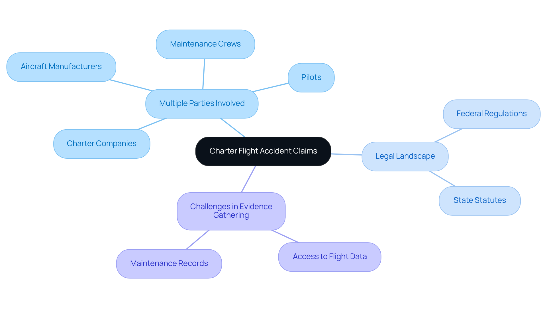 Start at the center with the main topic, then explore the branches to see the various factors that complicate charter flight accident claims. Each branch represents a different aspect, helping you understand the interconnected challenges victims face.