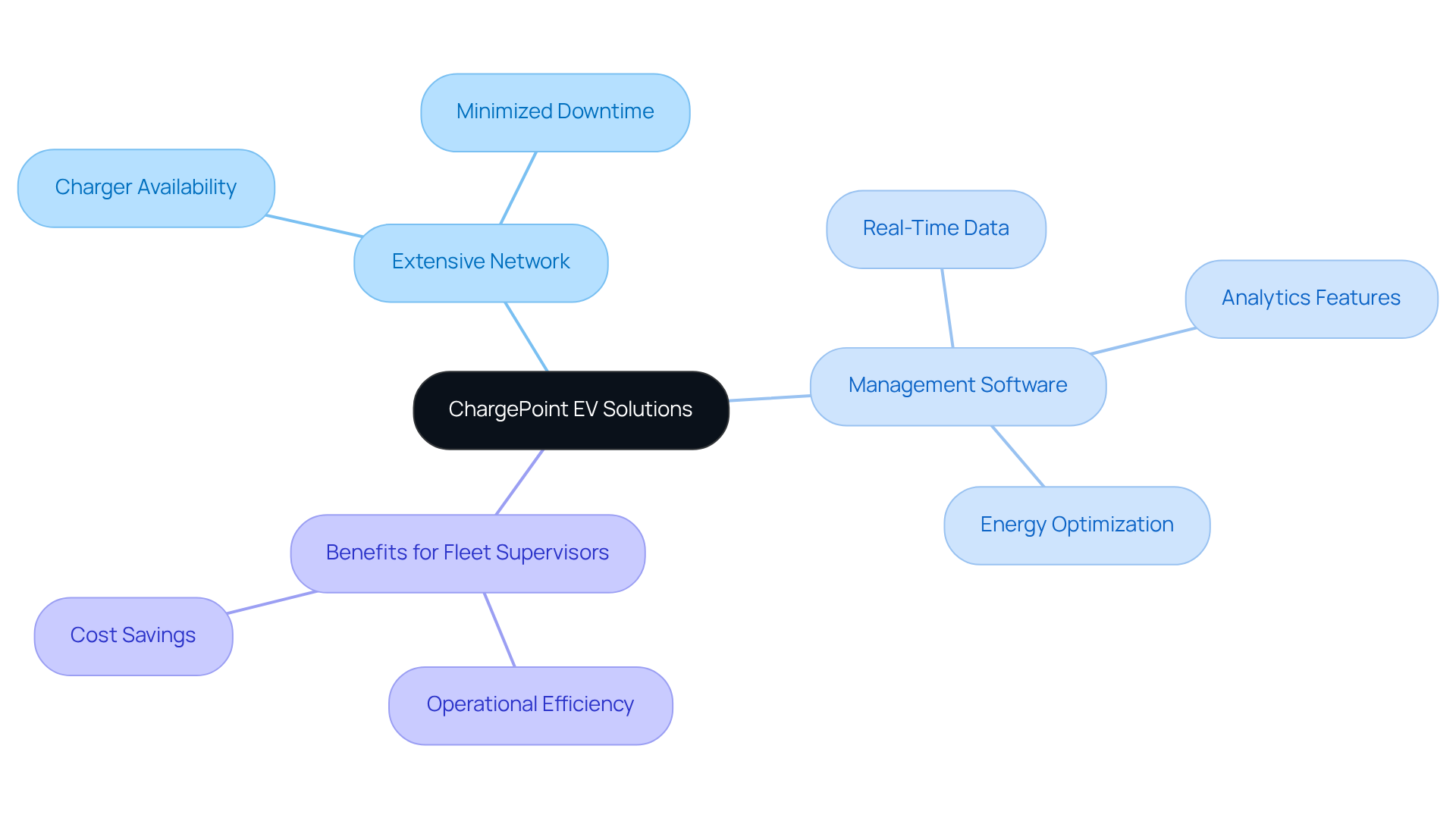 Start at the center with ChargePoint's offerings, then explore how the network and software work together to enhance fleet management and efficiency.