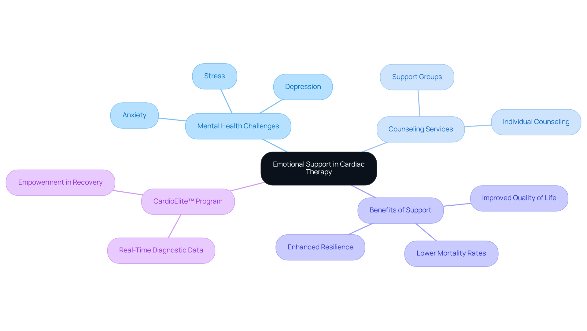 The center represents the main theme of emotional support, with branches showing different aspects of how it relates to cardiac therapy. Each branch highlights important topics that contribute to understanding the holistic approach to patient care.