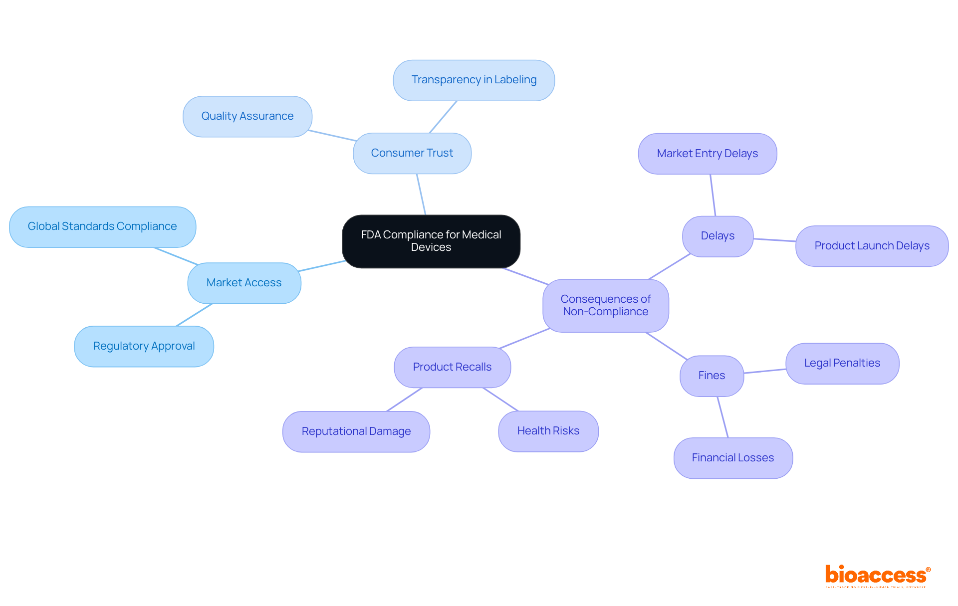 At the center is FDA compliance, which branches out to show its importance in gaining market access and building consumer trust, along with potential consequences if not followed.