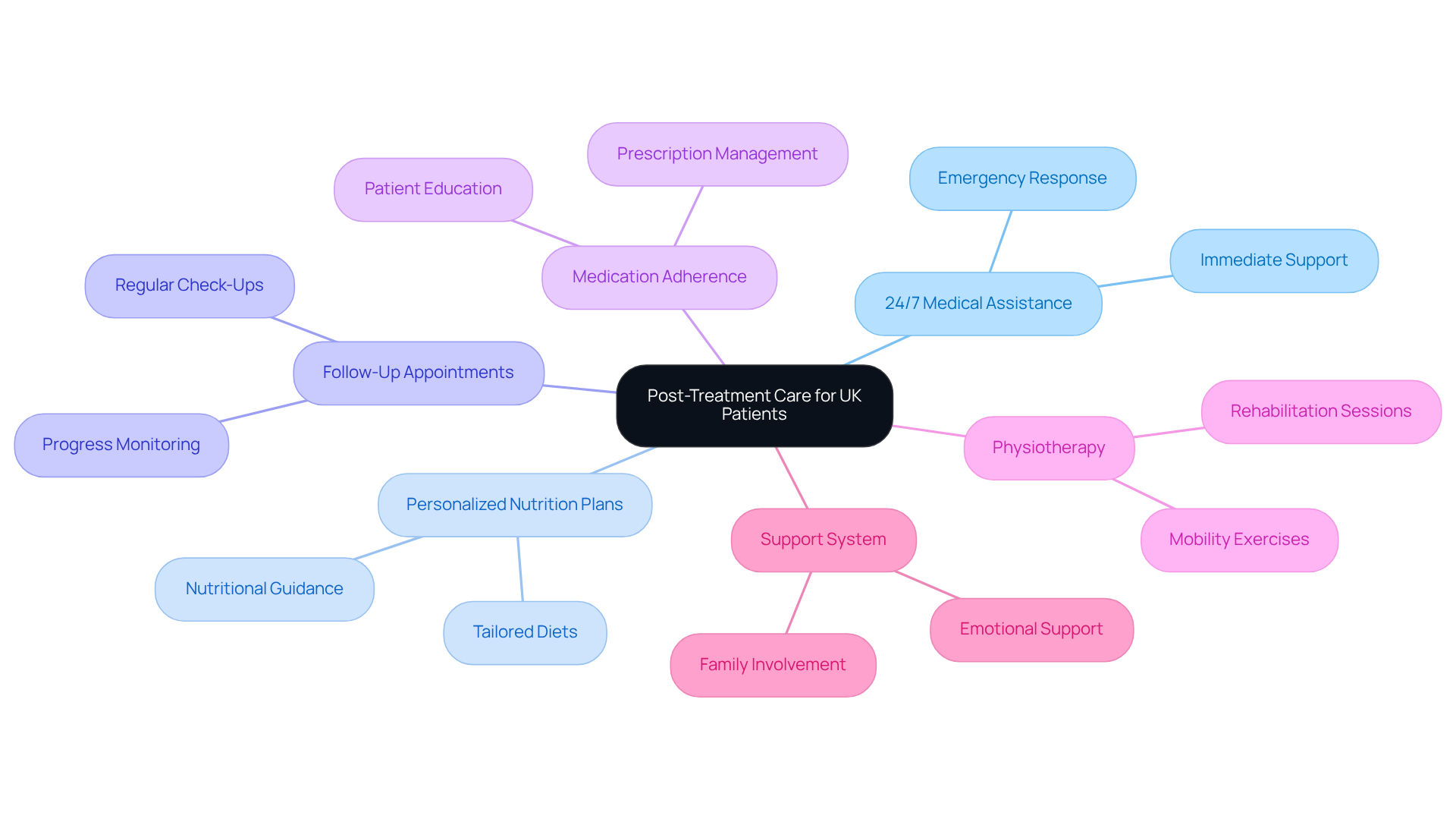 The central node represents the overall theme of post-treatment care, while the branches show the different types of support available. Each branch highlights a crucial aspect of recovery, illustrating how they all contribute to a successful healing journey.