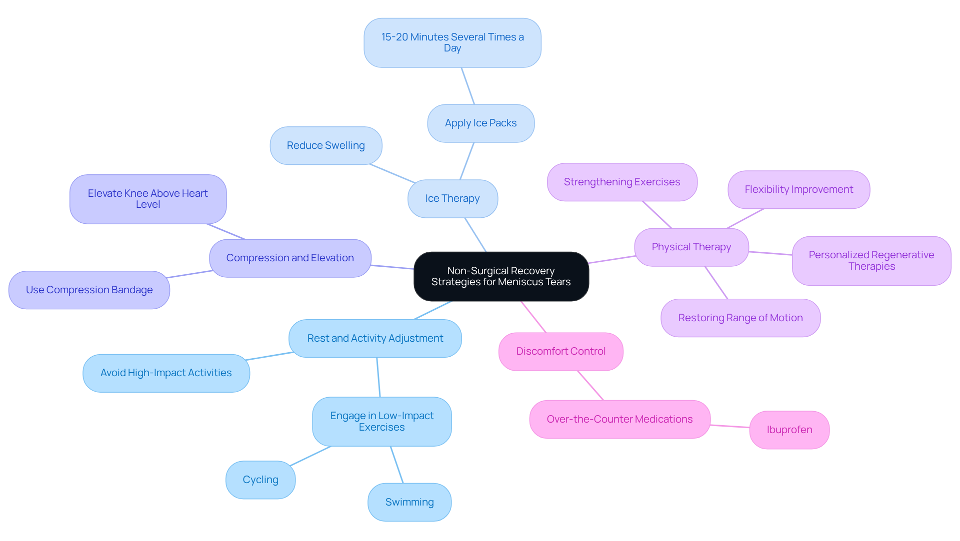 The center represents the overall recovery theme, and each branch shows a different strategy. Follow the branches to see specific actions you can take to aid your recovery.