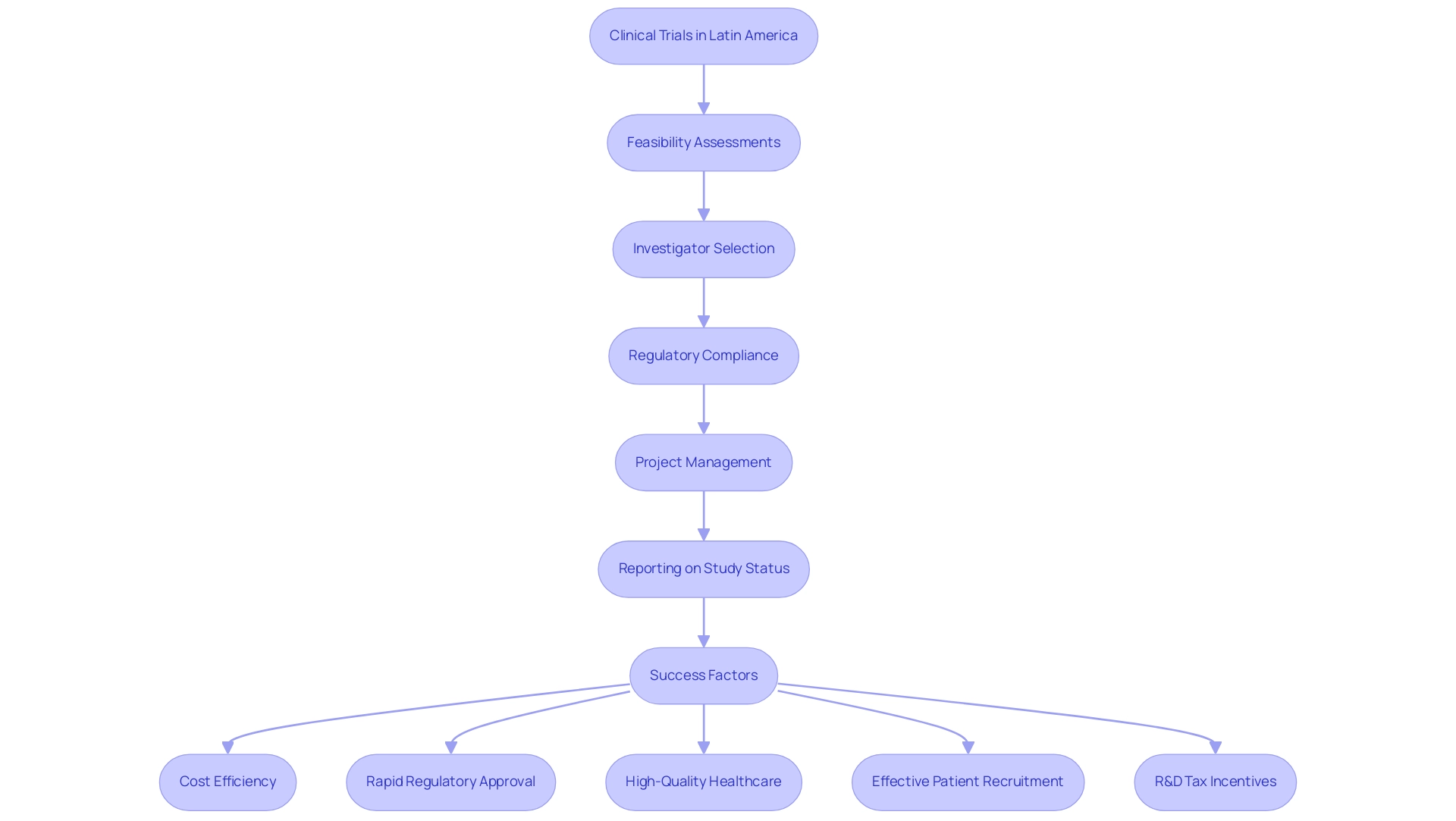 Blue boxes represent the critical steps in the clinical trial process, while green boxes highlight the success factors and advantages.