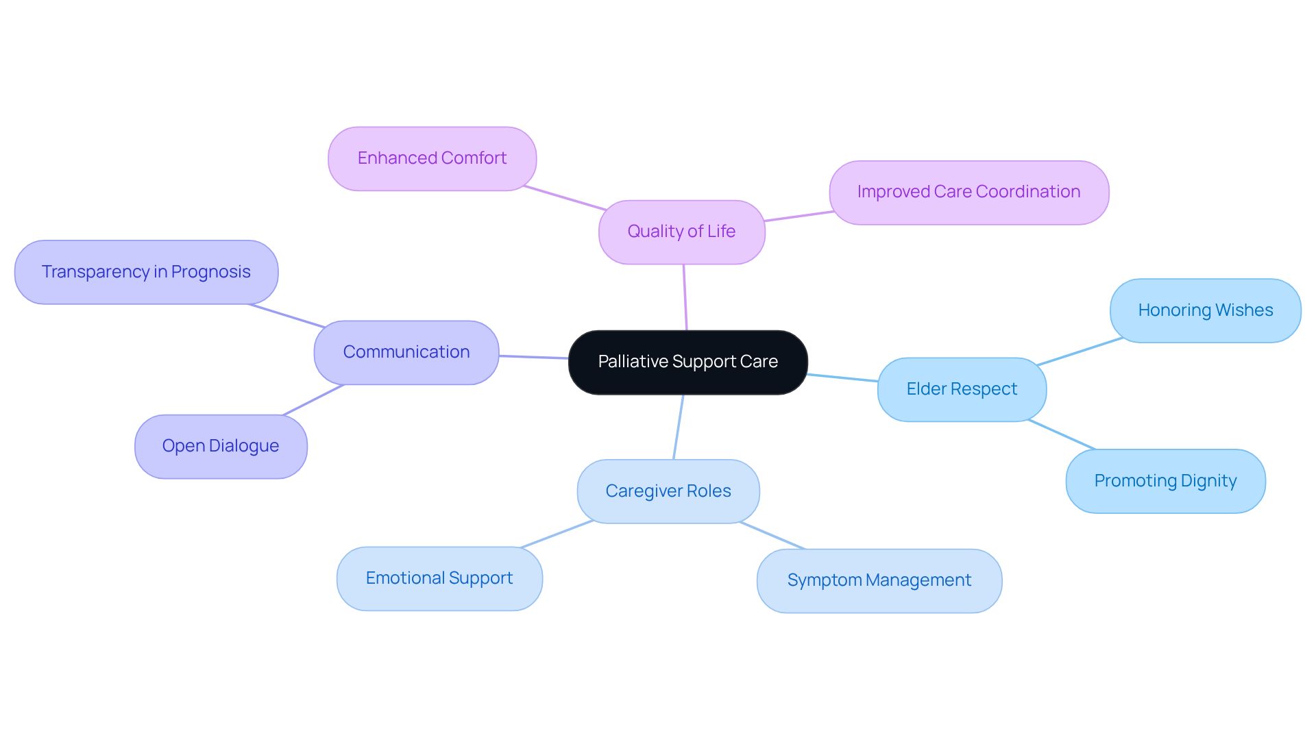 The center represents the core concept of palliative support care, with branches showing the main themes related to elder care. Each branch dives deeper into specific aspects, demonstrating how they all connect back to honoring and supporting the elderly.