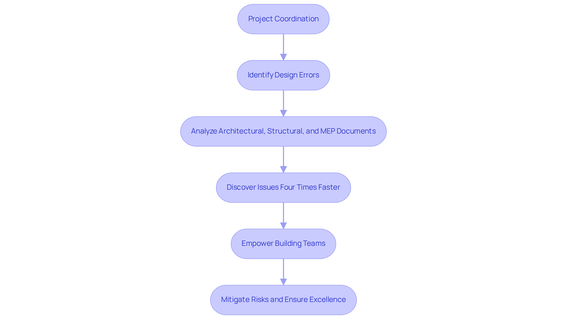 Each box represents a step in the risk management process: starting from project coordination, identifying errors, analyzing documents, discovering issues, empowering teams, and ultimately mitigating risks to maintain project excellence.