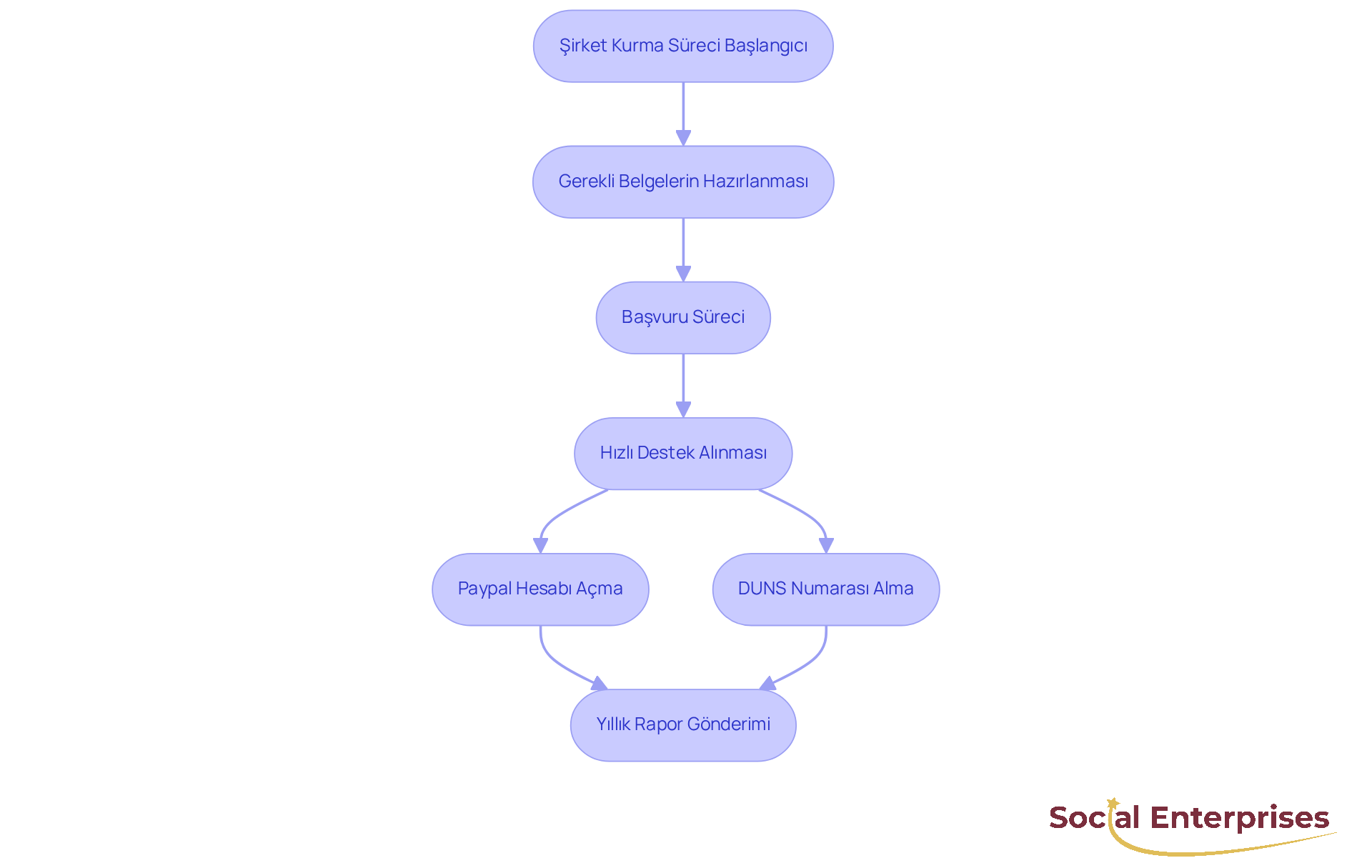 Her kutu, şirket kurma sürecinin bir aşamasını temsil eder. Oklar, bu aşamaların nasıl birbirine bağlı olduğunu gösterir. Sürecin her adımında hangi hizmetlerin sunulduğunu takip edebilirsiniz.