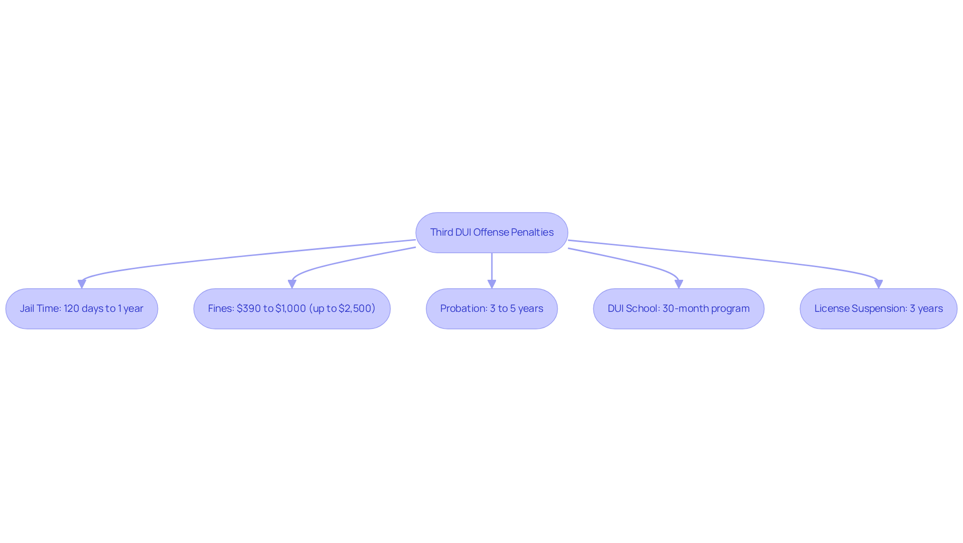 This flowchart outlines the severe penalties associated with a third DUI offense. Each box represents a different consequence, showing how serious the repercussions can be for offenders. Follow the arrows to understand how each penalty connects to the overall impact of a DUI conviction.
