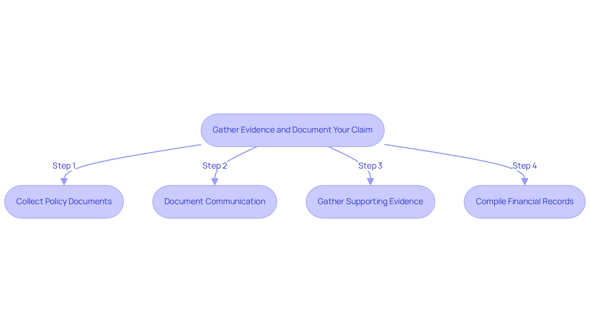 Follow the arrows to see each step you need to take in gathering evidence. Each box explains what to do next—starting with collecting documents and ending with compiling financial records.