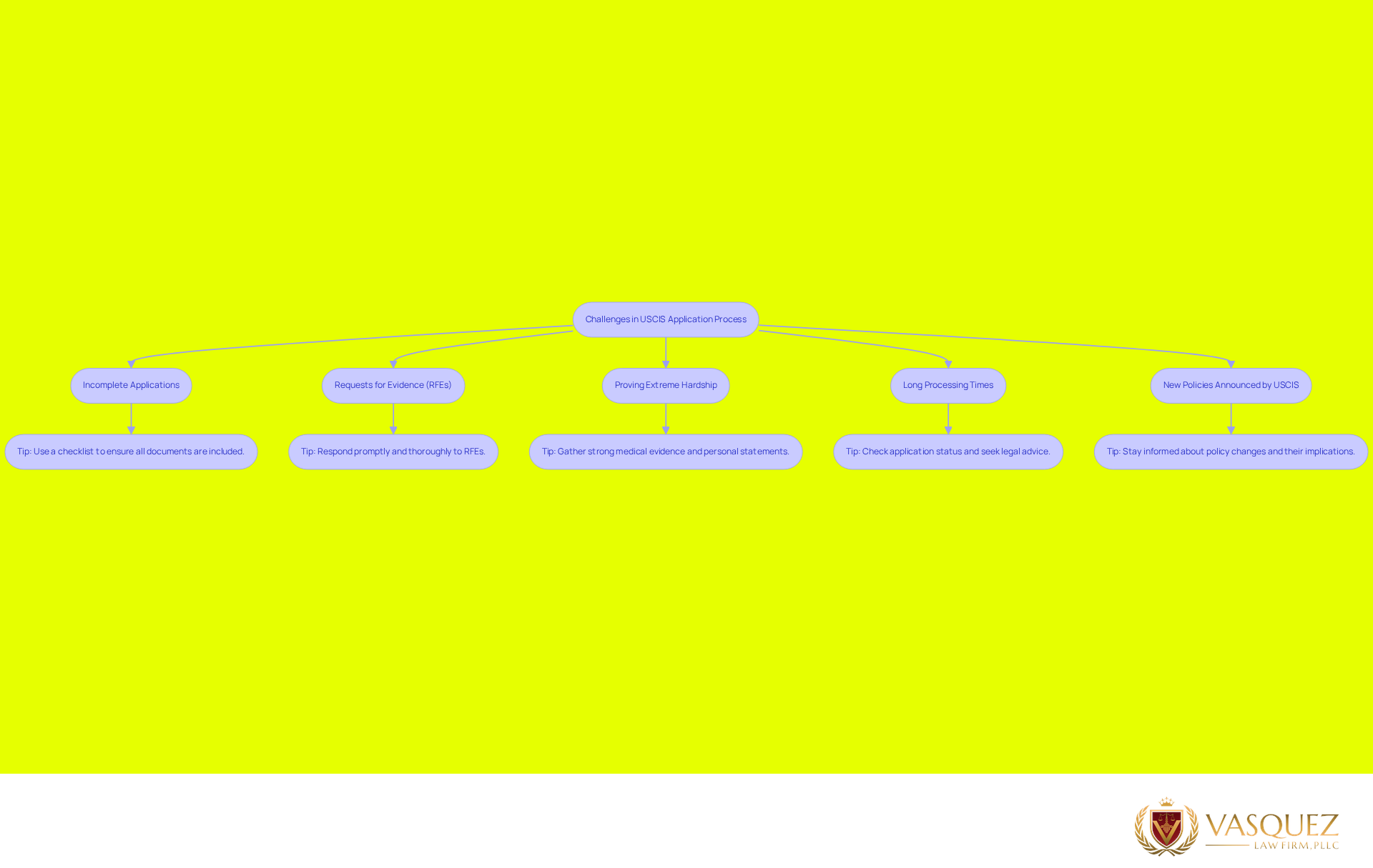 Each box represents a common challenge faced during the USCIS application process. The tips below each challenge provide actionable advice to help navigate these issues. Follow the arrows to see how each challenge connects to its solution.