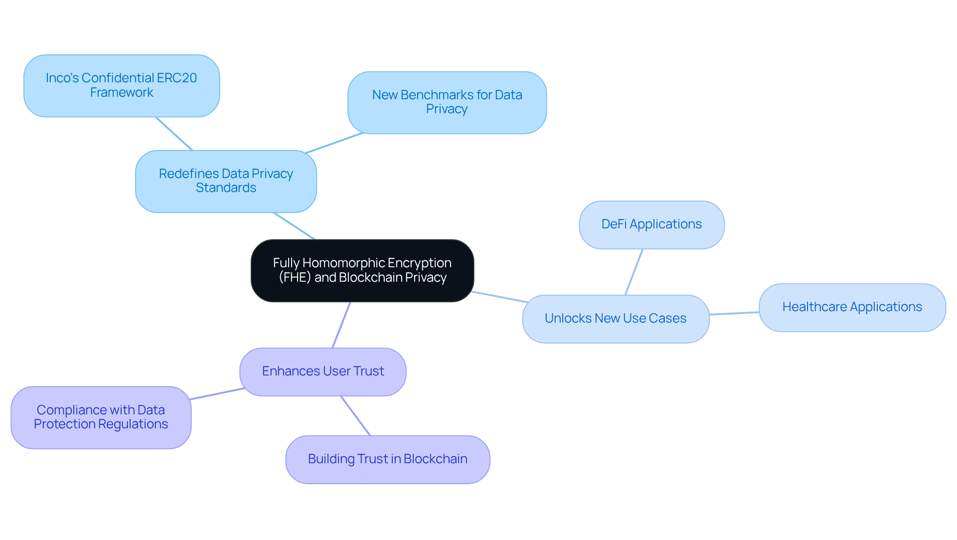 The central node represents FHE, while the branches illustrate its key impacts on blockchain privacy. Each sub-branch provides specific examples or details related to the main themes.