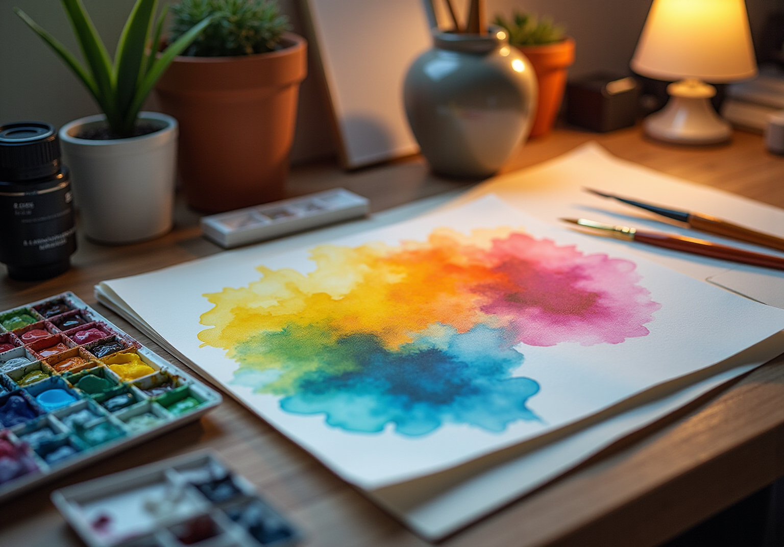 Artist's Workspace with Watercolor Supplies Artist's Workspace with Watercolor Supplies