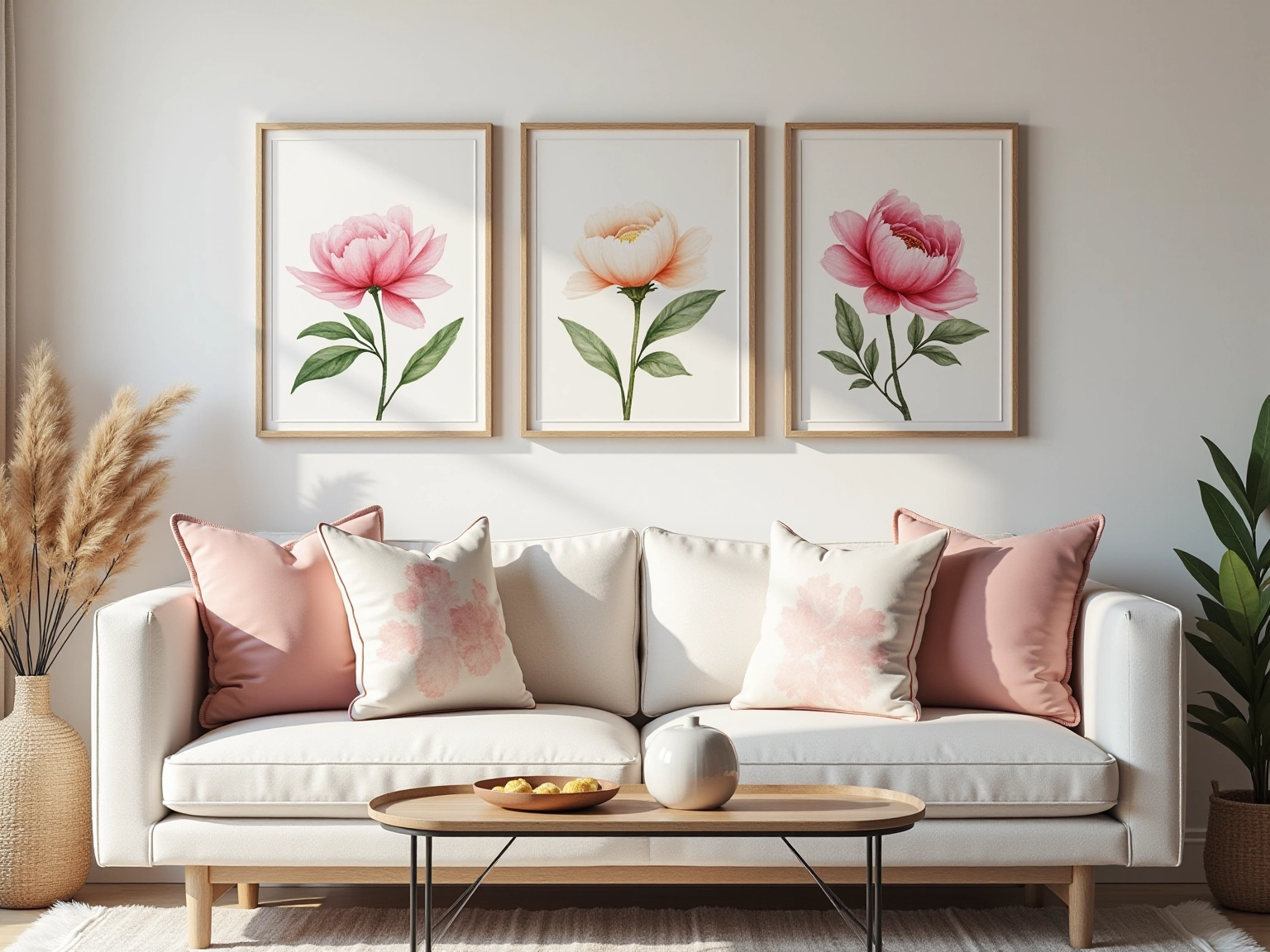 Elegant Living Room with Watercolor Peonies