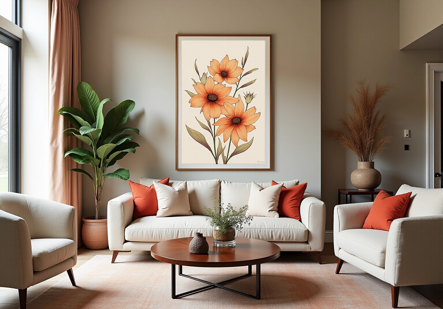 Elegant Living Space with Art Nouveau Watercolor Illustrations