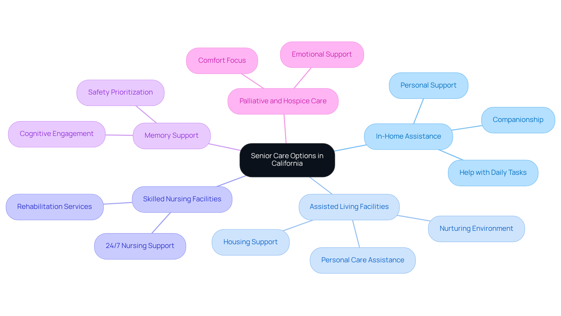 The central node represents the overall theme of senior care, while each branch shows a specific type of care service. The sub-branches provide details about what each service offers, helping families understand their options.