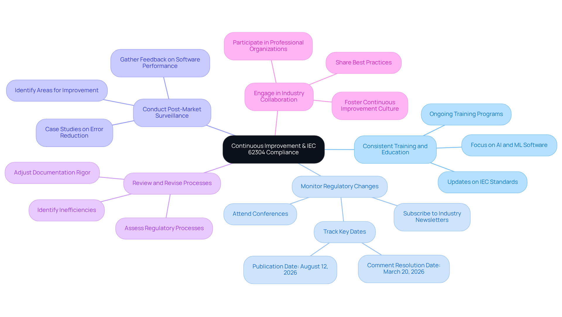 The central node represents the main goal of continuous improvement and compliance. Each branch shows a strategy that organizations can adopt, with further details available in the sub-branches.