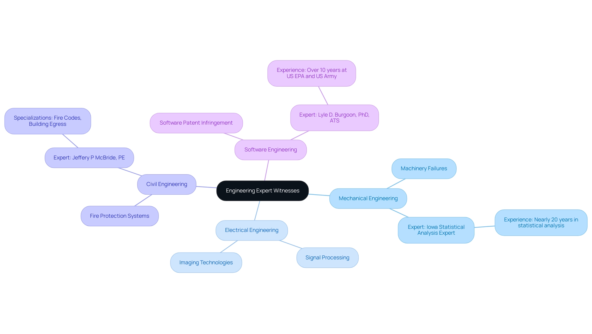 Each branch represents a type of engineering specialization, with sub-branches illustrating specific applications or notable experts in that field.