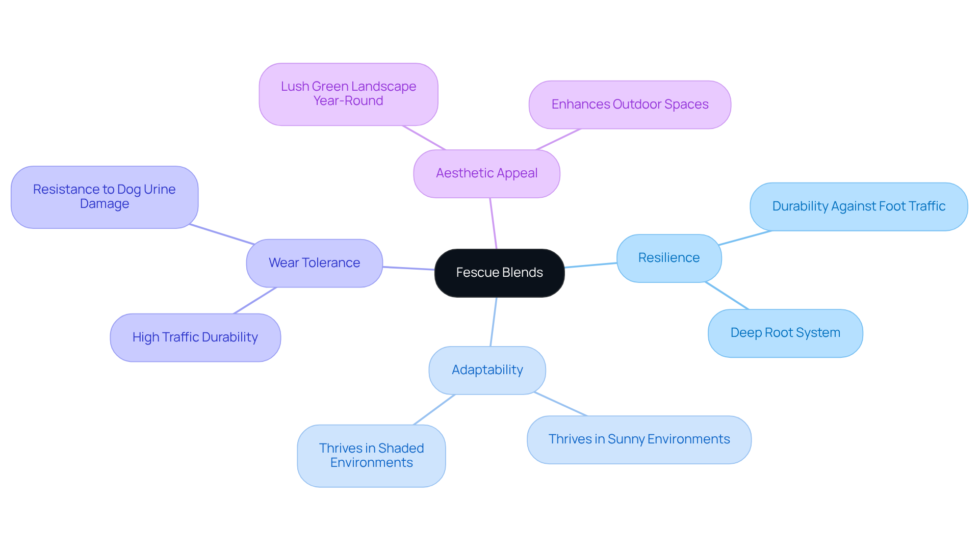 Start at the center with Fescue blends, then explore the branches to discover their resilience, adaptability, and how they provide a beautiful and durable lawn for active pets.