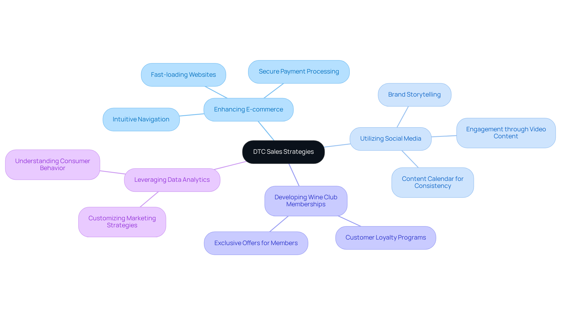 This mindmap starts with the main idea of DTC sales strategies at the center, then branches out to show different approaches and their specific components. Follow the branches to see how each strategy contributes to overall success.