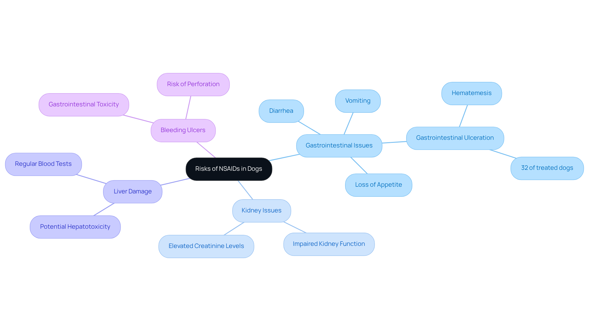 The center represents the overall risks of NSAIDs, with branches showing specific side effects. Follow the branches to see how each risk relates to your dog's health.