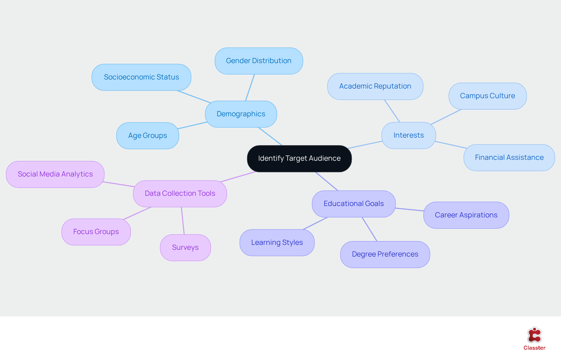 The central node represents the main goal of identifying your audience. Each branch shows different aspects to consider, and the sub-branches detail specific methods or tools to gather insights. Follow the branches to see how everything connects!