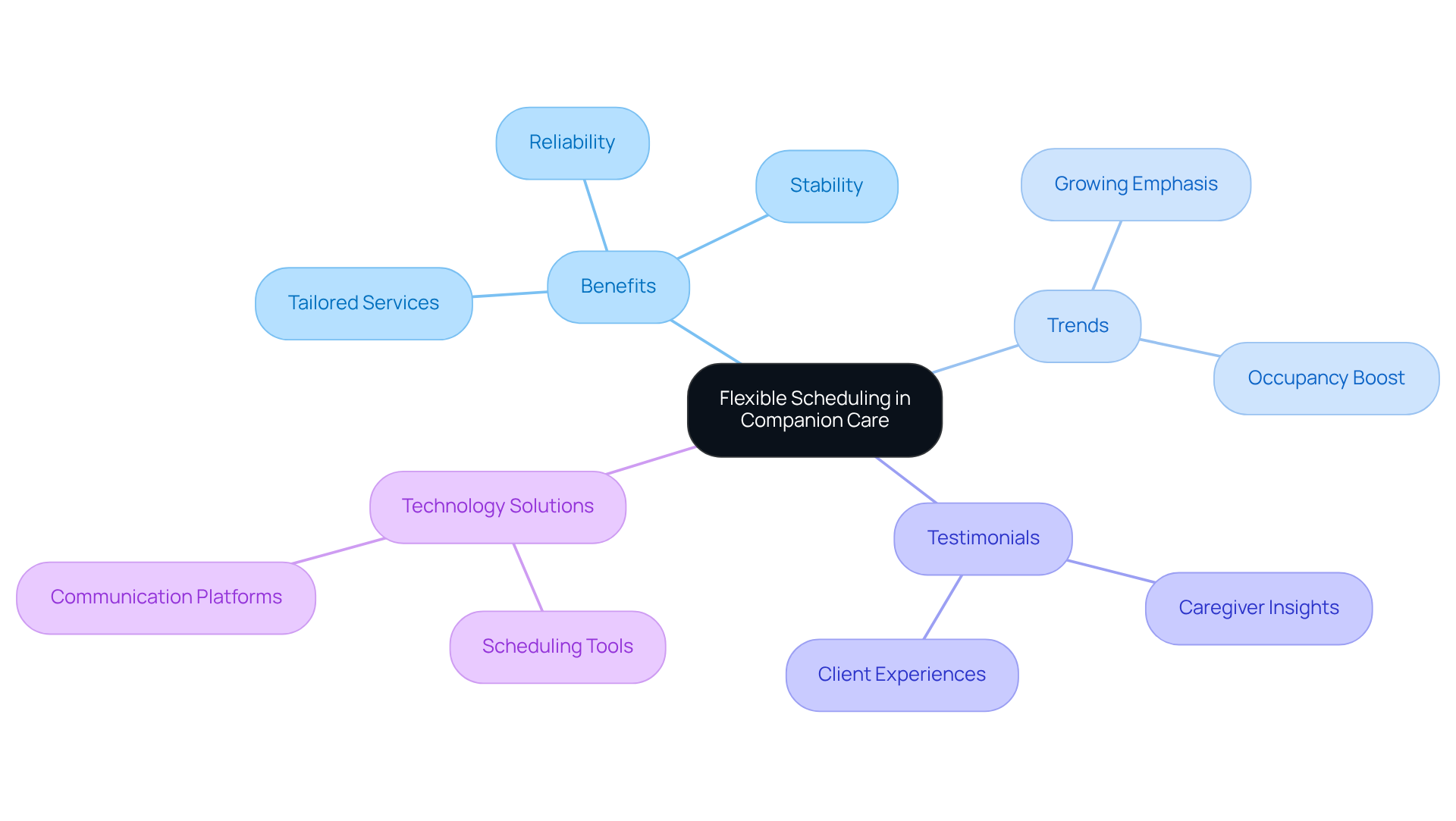 The center of the map highlights the main theme — flexible scheduling. Each branch represents a key aspect, while sub-nodes provide further details. This layout helps you see how everything connects and supports the care of seniors.