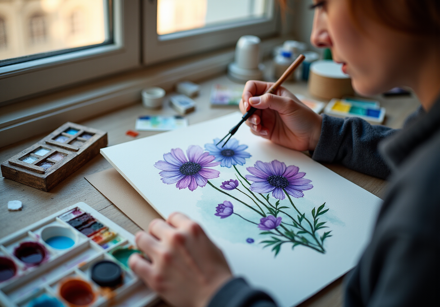Watercolor Anemones in an Artist's Studio Watercolor Anemones in an Artist's Studio