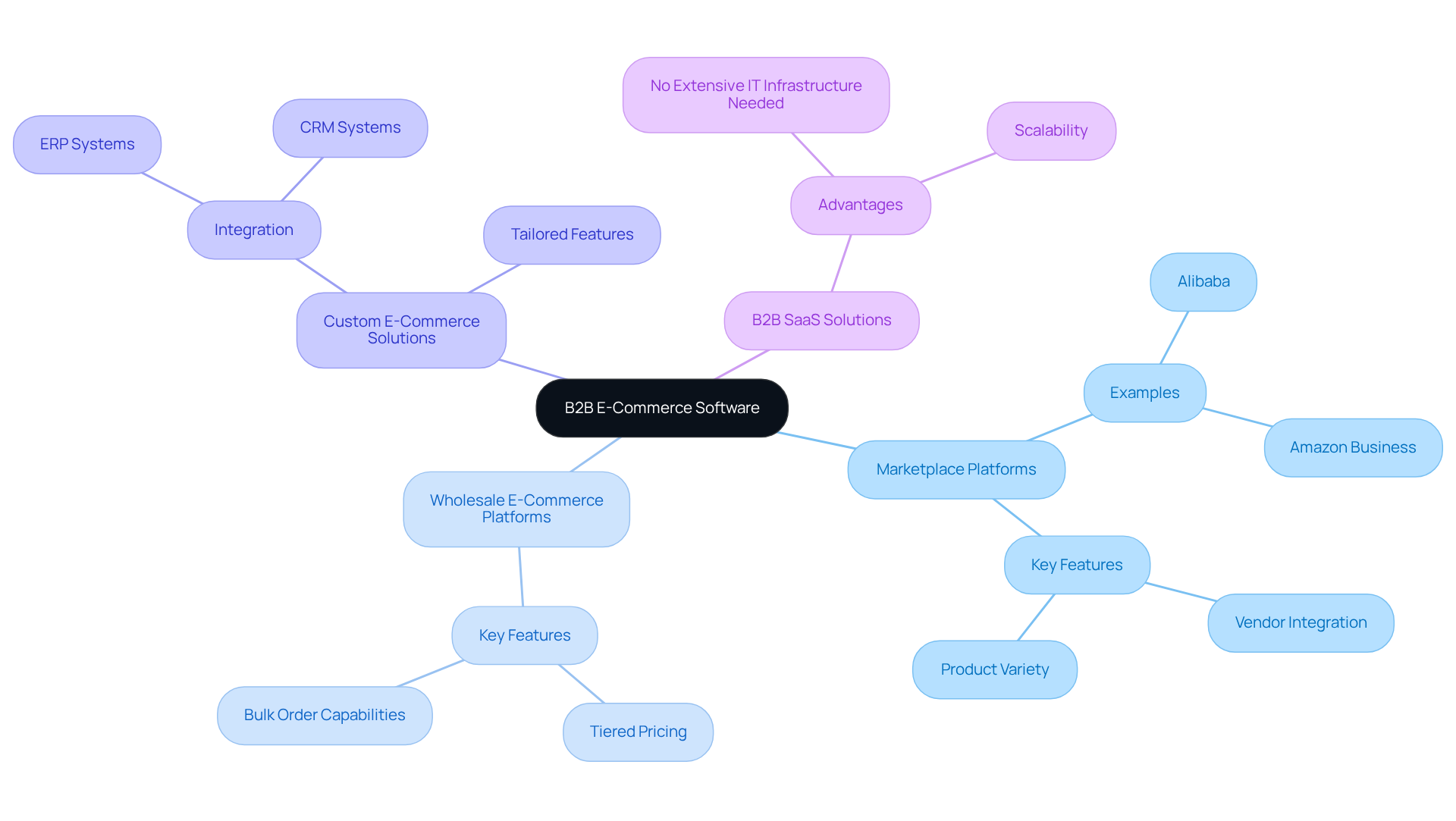 The central node represents the overall category of B2B e-commerce software. Each branch shows a specific type of software, and the sub-branches provide additional details or examples. This layout helps you see how different software types relate to the main topic. The central node represents the overall category of B2B e-commerce software. Each branch shows a specific type of software, and the sub-branches provide additional details or examples. This layout helps you see how different software types relate to the main topic.