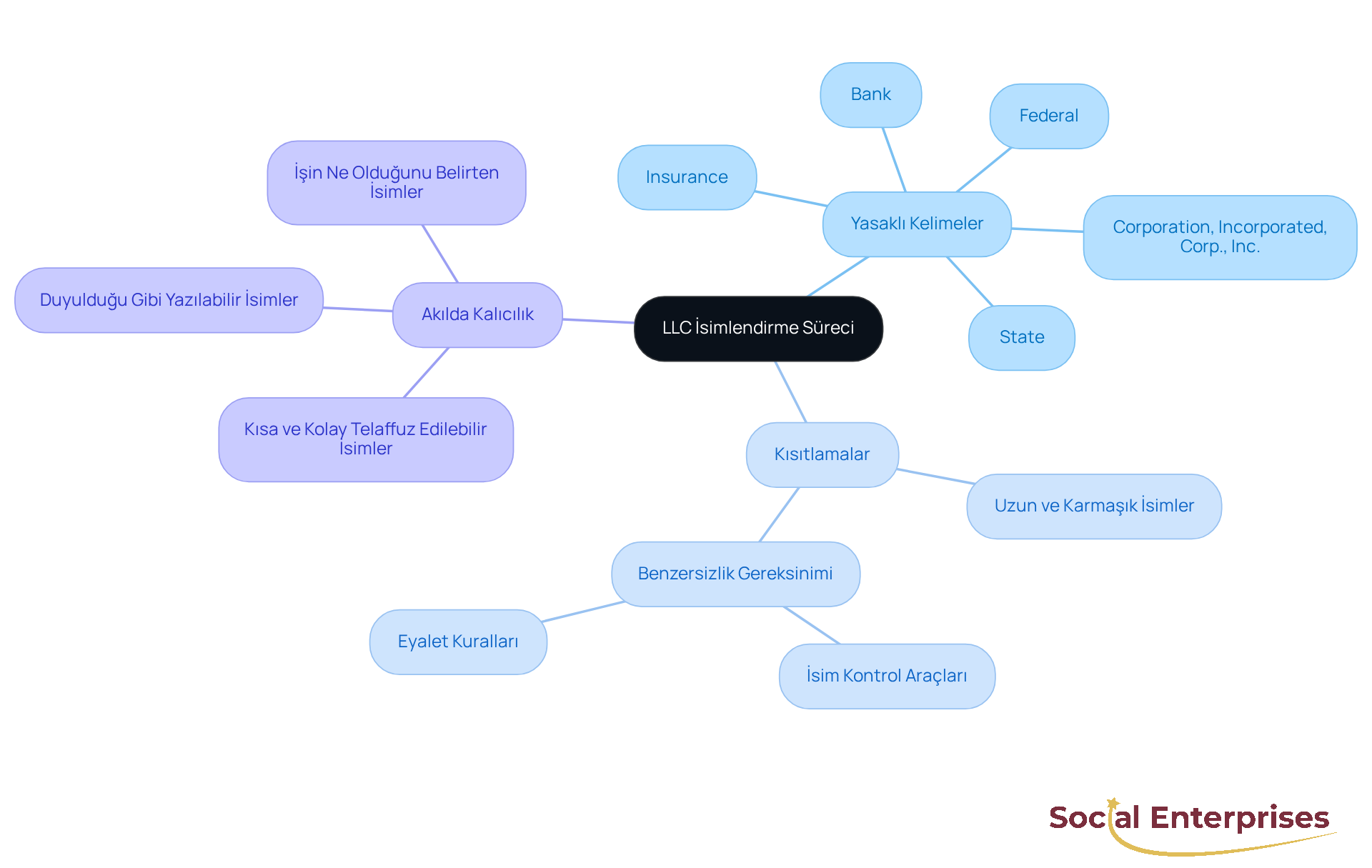 Merkezdeki başlık LLC isimlendirme sürecini temsil eder. Dallar, bu süreçte dikkate alınması gereken ana konuları gösterir. Her dalın altında daha ayrıntılı bilgiler yer alır.