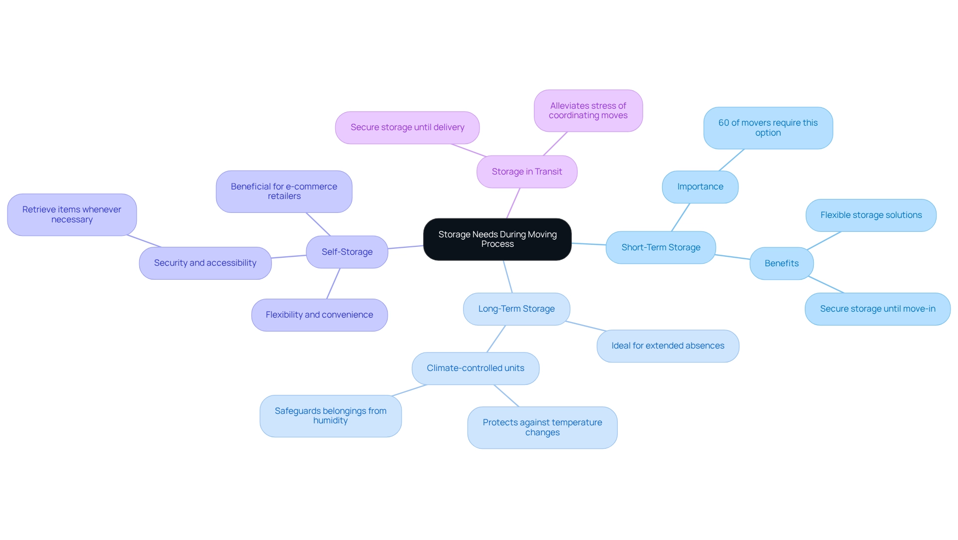The central node represents the overall theme, while branches show different types of storage solutions. Each sub-branch provides additional details, making it easy to follow and understand the importance of each option.