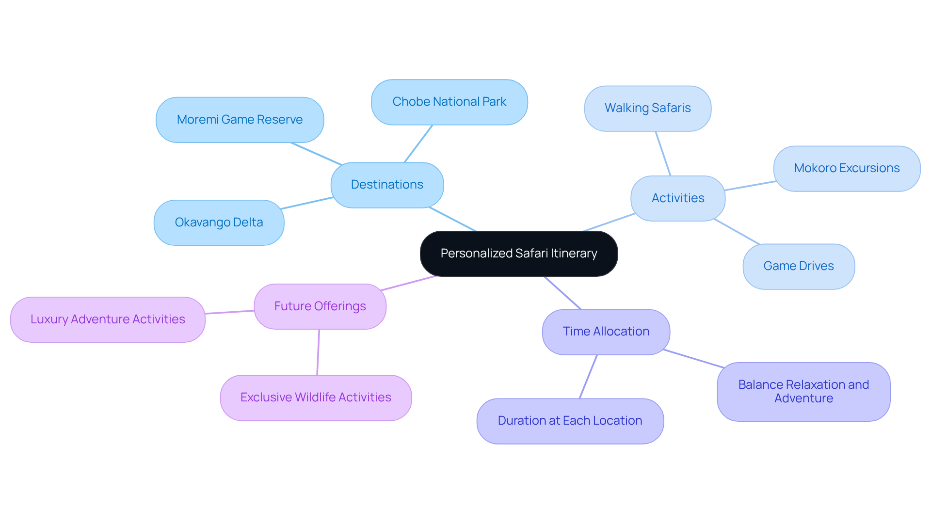 The center represents your main goal of creating a personalized safari itinerary. Each branch shows different aspects to consider, like where to go and what to do, making it easy to see how everything fits together.