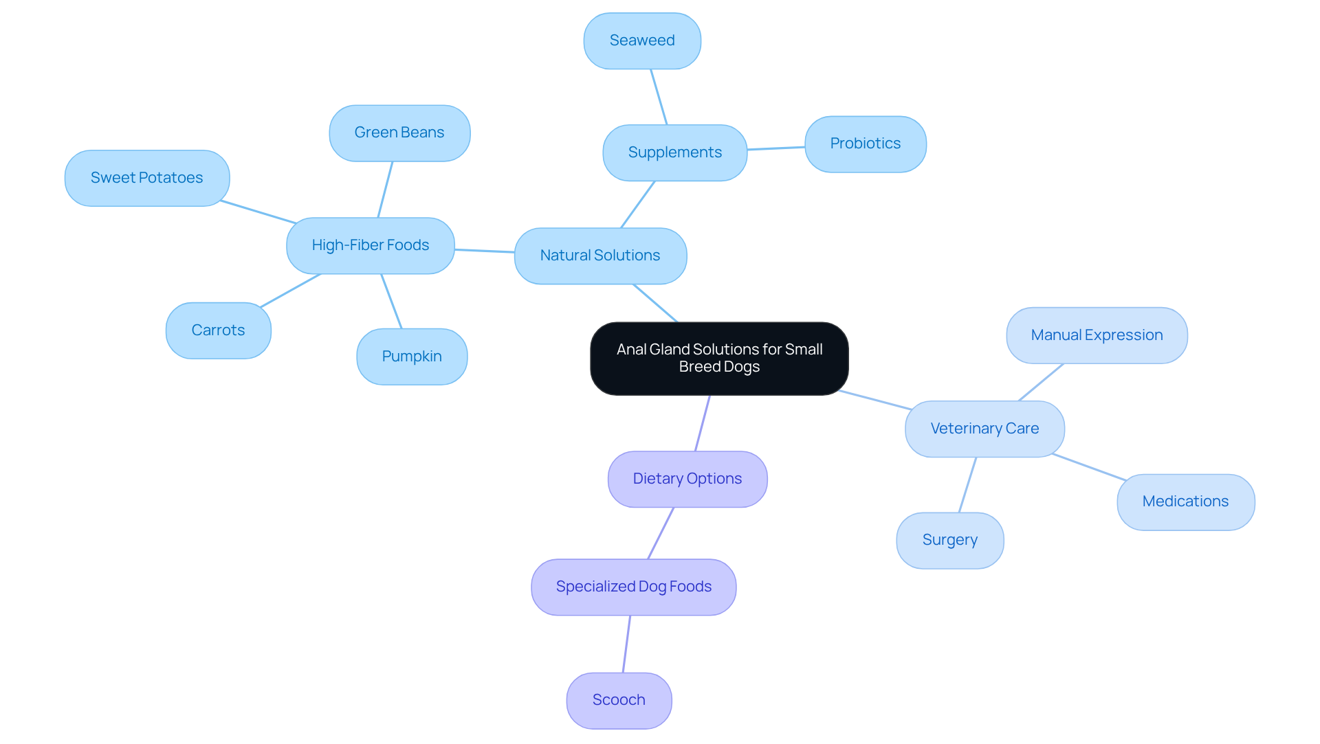 This mindmap shows the different ways to help manage anal gland issues in small dogs. Start at the center with the main topic, then follow the branches to see the three main types of solutions: natural, veterinary, and dietary. Each branch has specific examples to help you understand how to care for your furry friend.