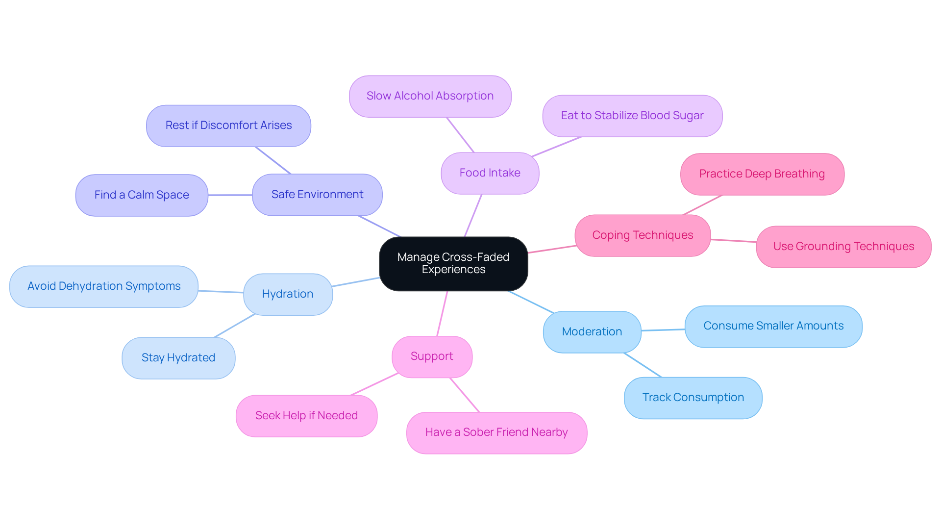 Start in the center with the main focus on managing experiences. Each branch provides a different strategy, with further details flowing from it, showing how to prioritize safety and well-being. Start in the center with the main focus on managing experiences. Each branch provides a different strategy, with further details flowing from it, showing how to prioritize safety and well-being.