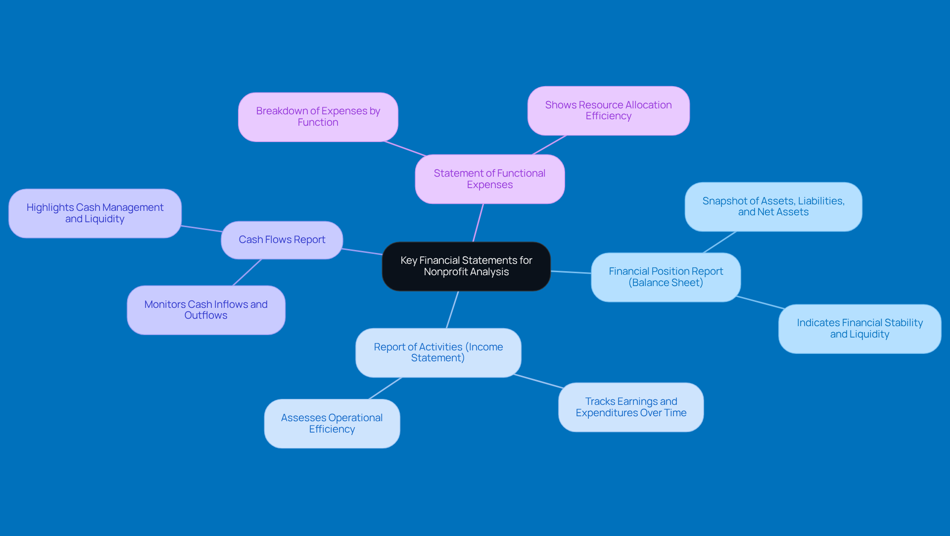 The center shows the main topic, and each branch represents a different financial statement. Follow the branches to learn about each statement's role in understanding nonprofit finances.
