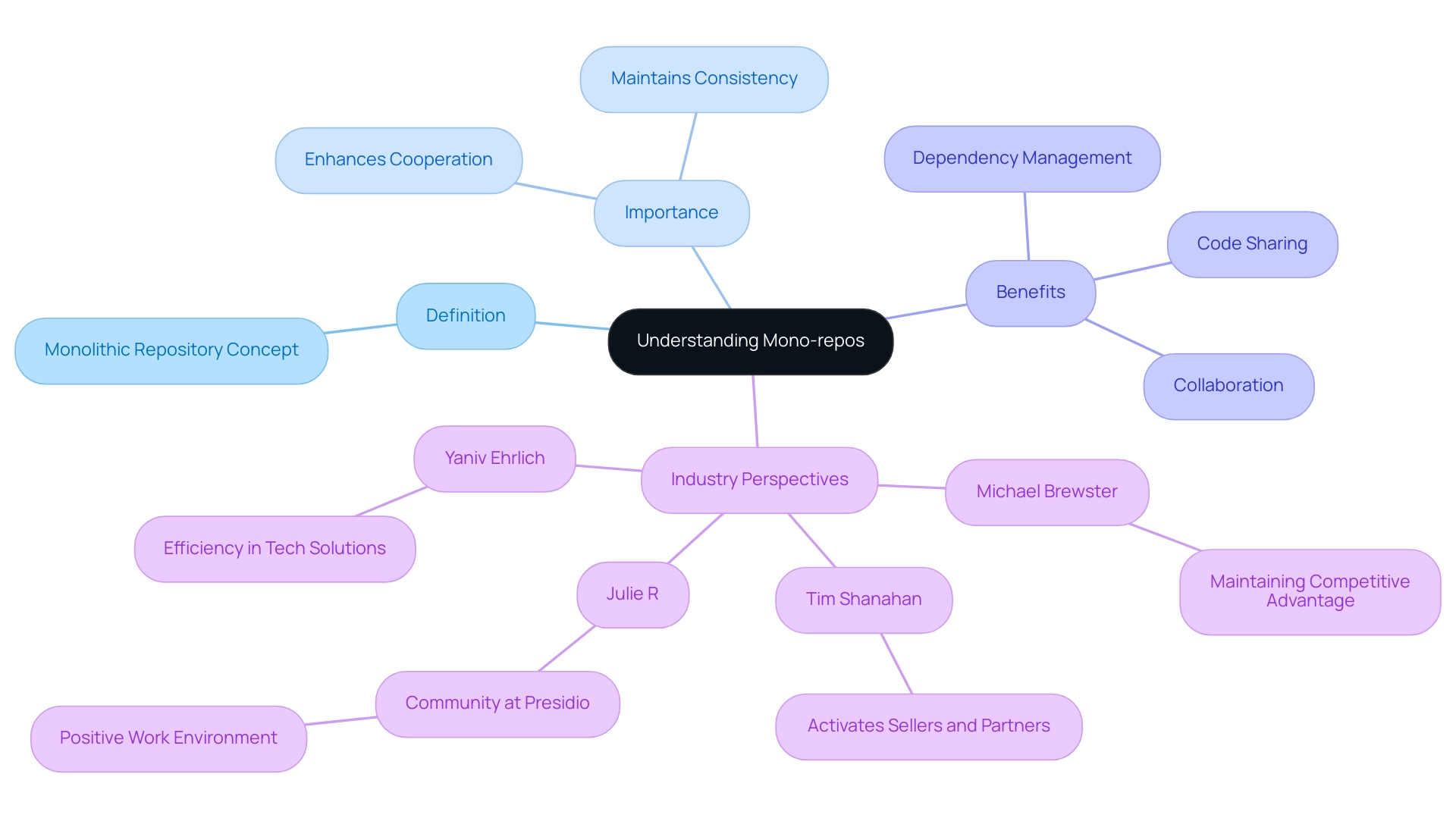 The central node represents the concept of mono-repos, with branches showing key aspects such as definition, importance, benefits, and industry perspectives.