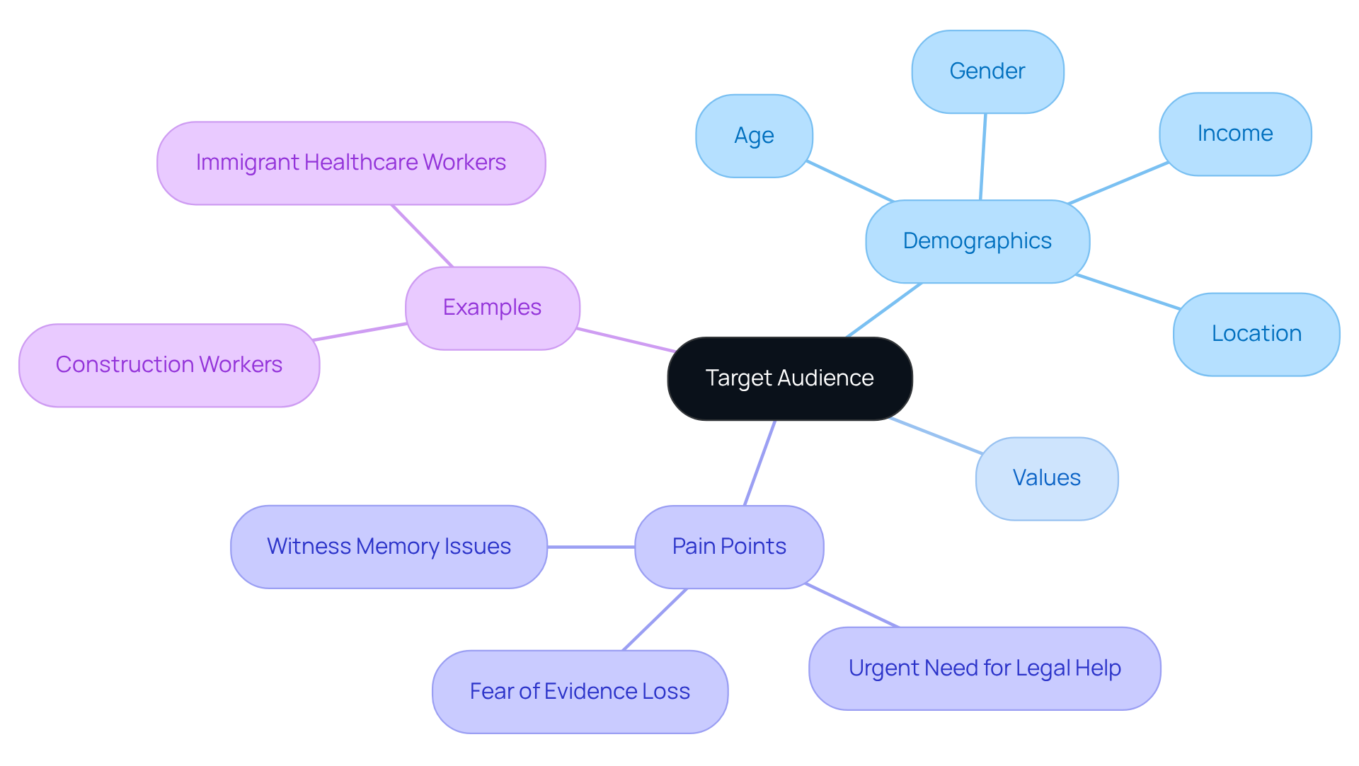 The center represents the main focus on the target audience, while the branches show different aspects to consider, helping you visualize who your audience is and what they need.