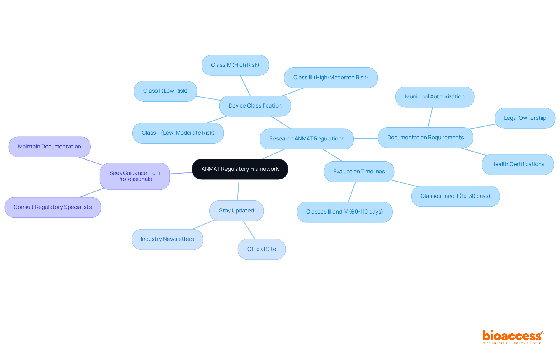 Start at the center with the main topic of ANMAT regulations, then follow the branches to explore each key area and its specific actions. Each color-coded branch helps you see how different aspects of the regulatory framework connect.
