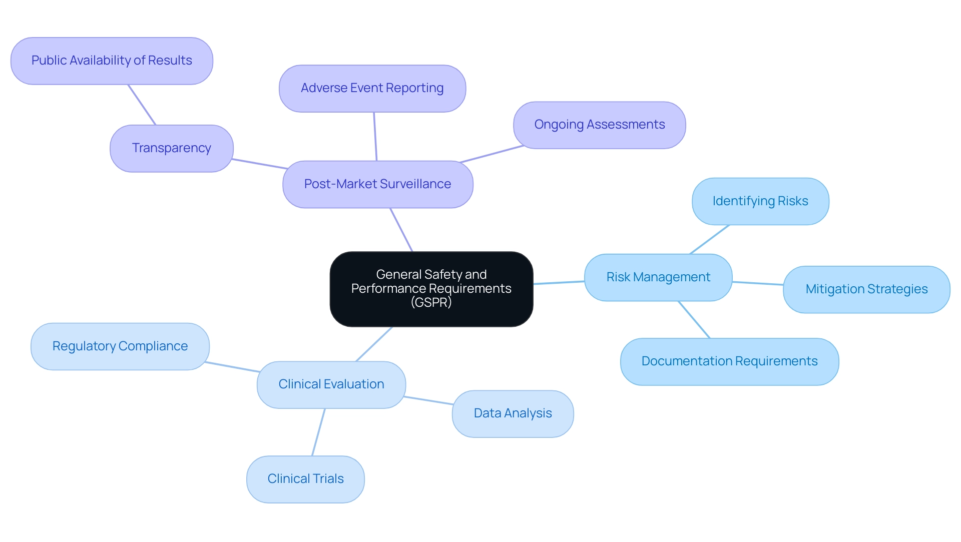 Central node represents GSPR, primary branches denote key components, and sub-branches detail specific requirements/actions. Colors differentiate each category.